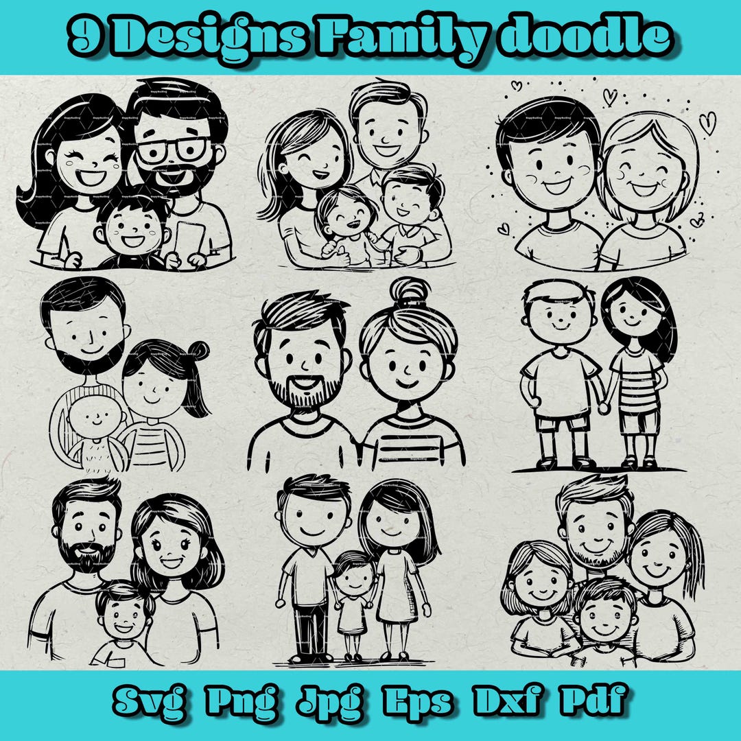 Family Doodle SVG Bundle, 9 Hand-drawn Cute Family Clipart for ...