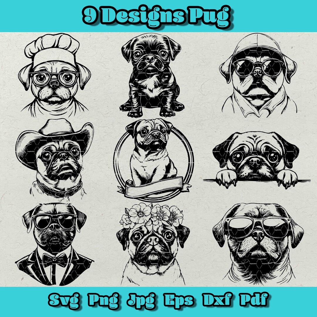 Pug Svg Bundle, Cute Pug Dog Clipart, Funny Puppy Silhouette Png ...