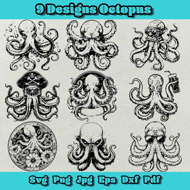 Octopus Svg Bundle, Angry Octopus Png, Hand Drawn Sea Monster Png ...