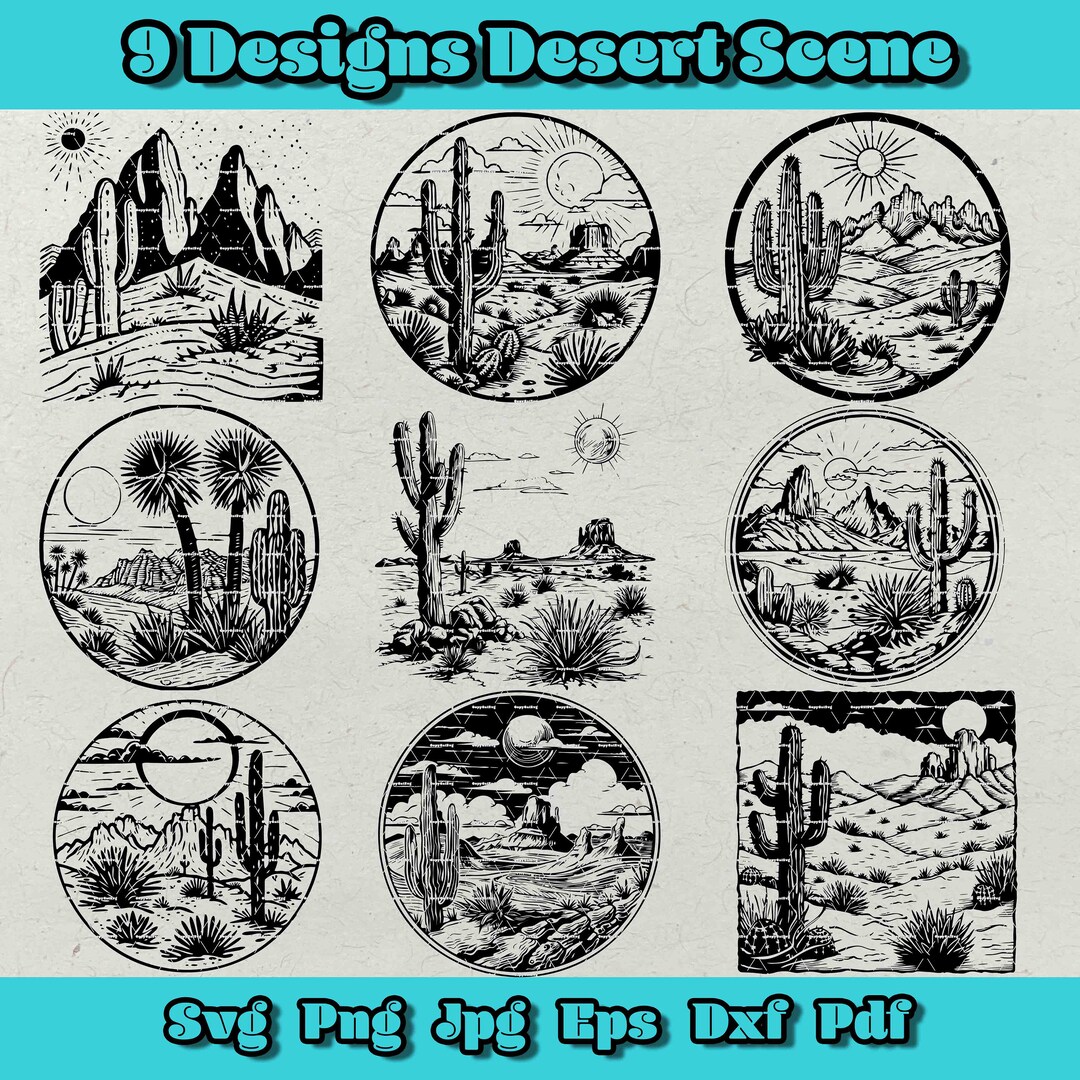Desert Scene Svg Bundle, Cactus Clipart, Hand Drawn Desert Landscape ...