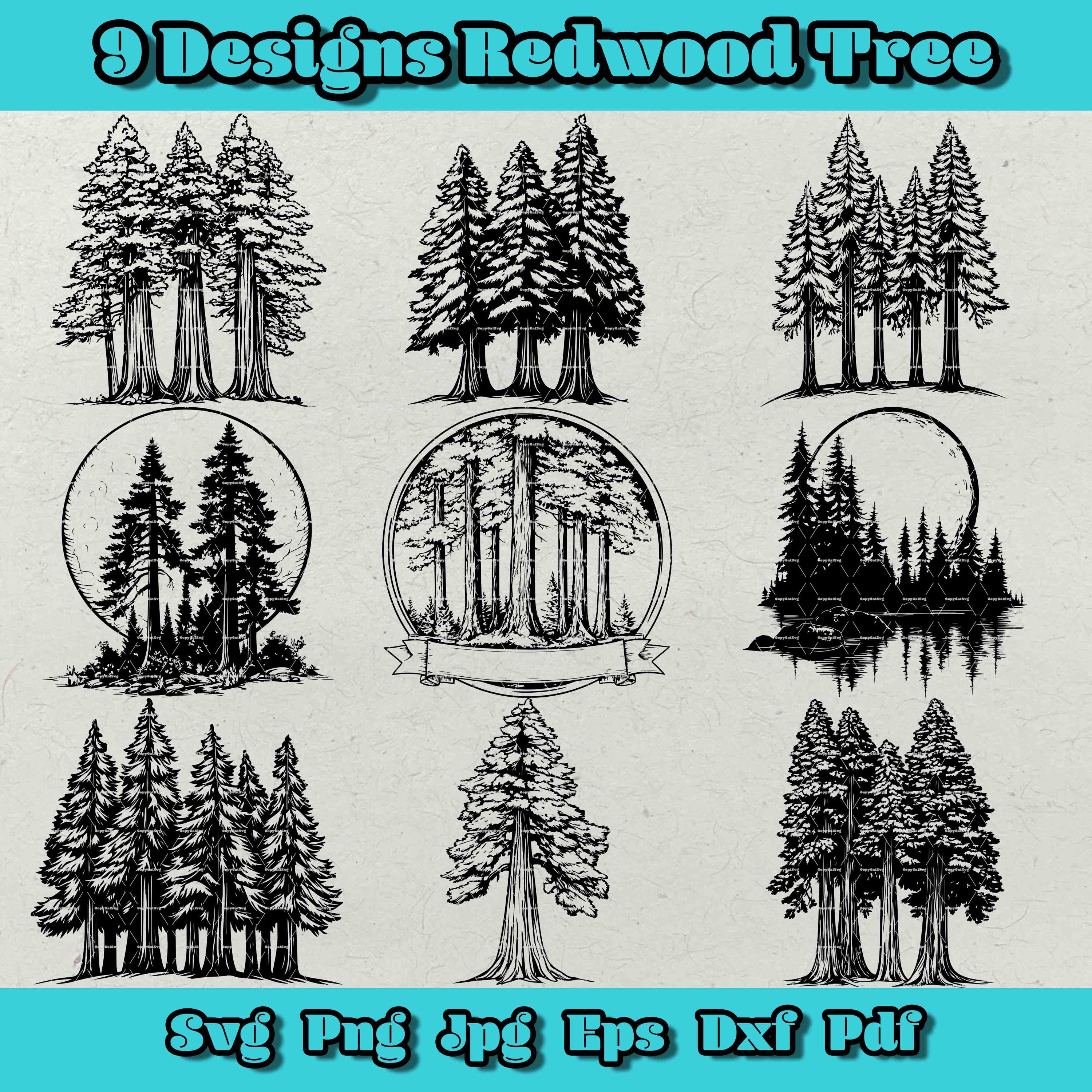 Redwood Tree SVG Bundle - 9 Unique Hand-drawn Tree Designs, Forest Art ...