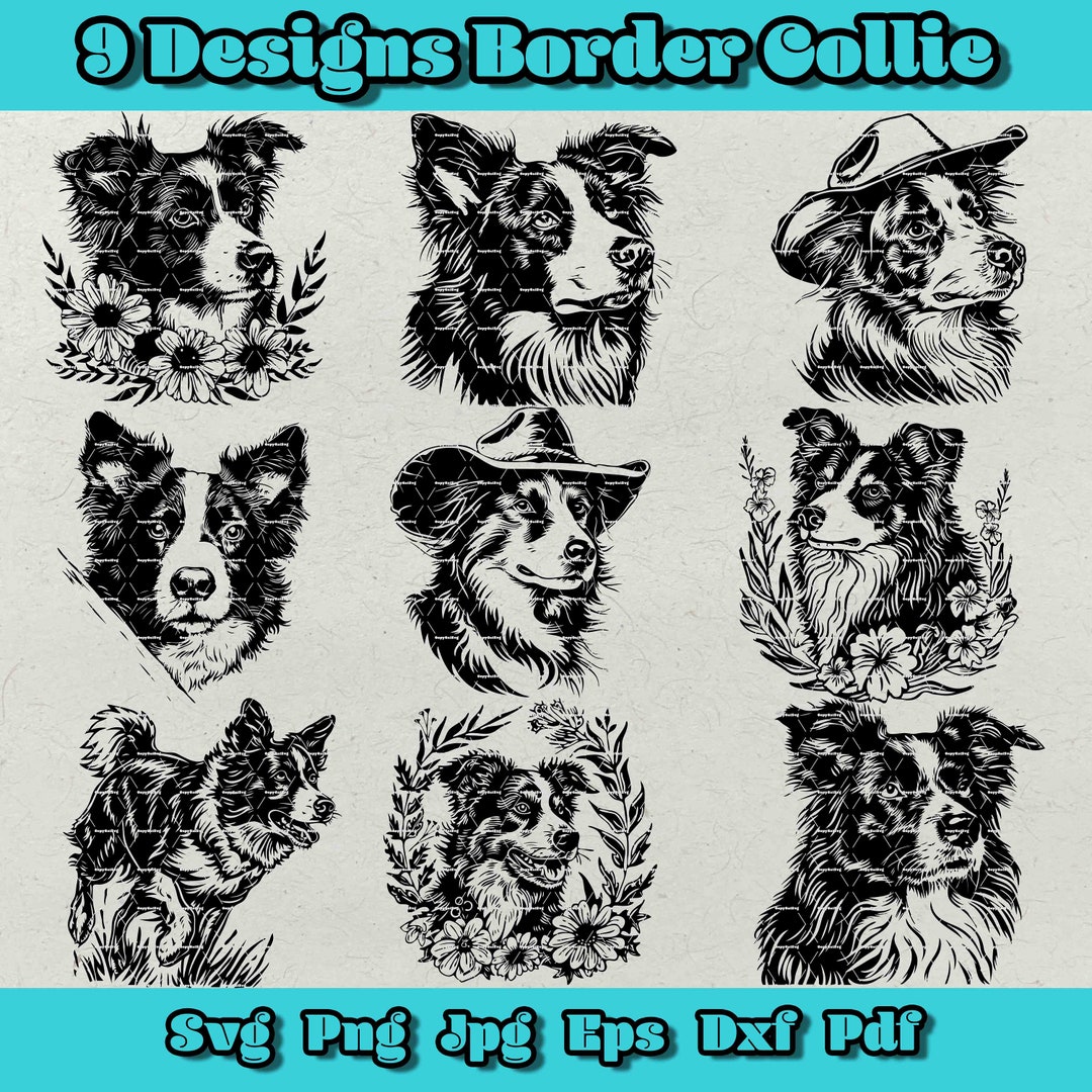 Border Collie SVG Bundle: Floral & Cowboy Hat Dog Designs (digital ...