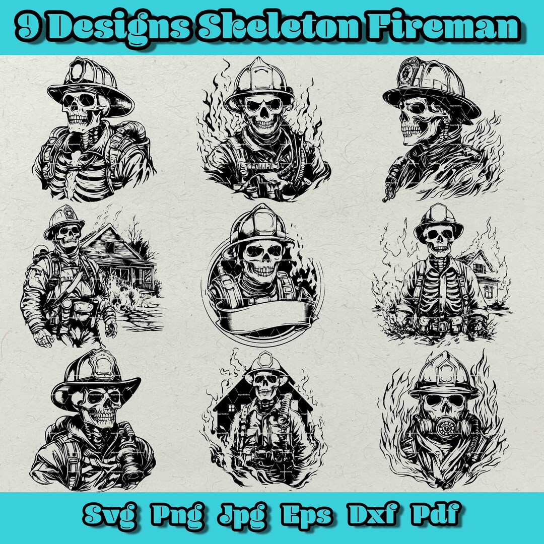 Skeleton Fireman SVG Bundle: Firefighter Skull Clipart (digital Product ...