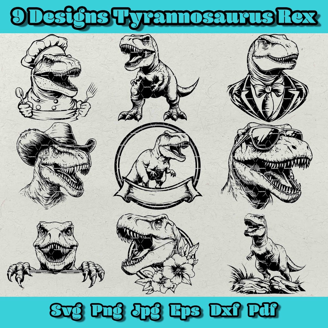 Tyrannosaurus Rex Svg Bundle, Floral T-rex, Chef T-rex, T-rex With ...