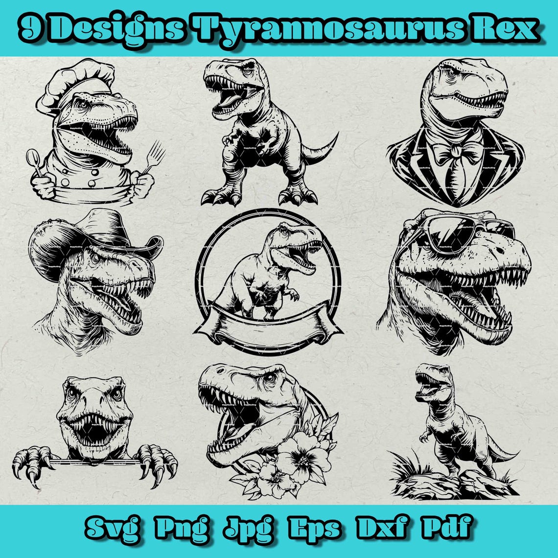 Tyrannosaurus Rex SVG Bundle: Chef, Cowboy, Floral T-rex (digital Files ...