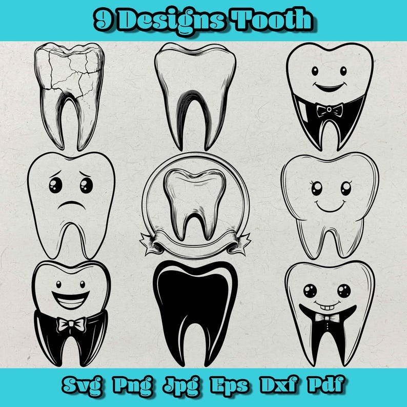 Tooth Svg Bundle, 9 Tooth Designs Svg, Tuxedo Wearing Tooth, Smiling ...