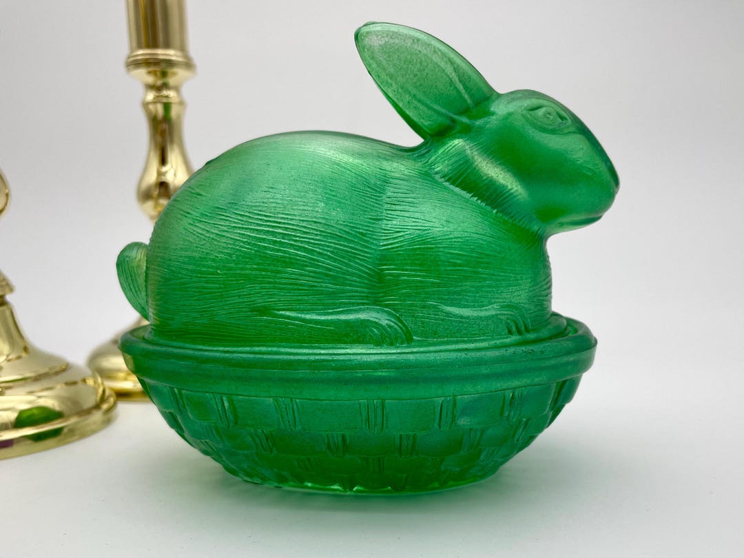 Vintage Green Glass Bunny Rabbit on Nest Basket Covered Dish, Spring ...