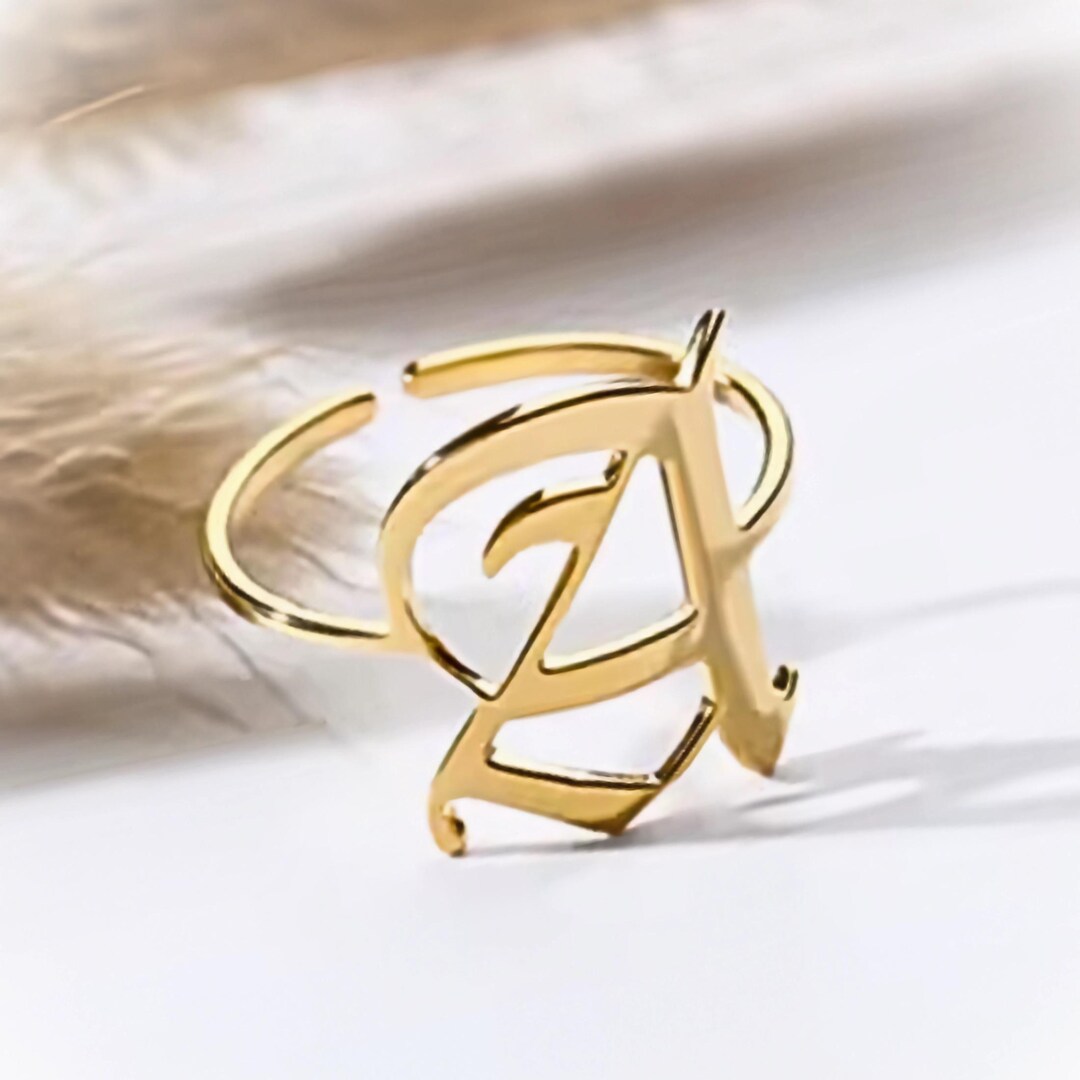 Gold Demure Adjustable Letter a Ring, Old English Initial Stainless ...