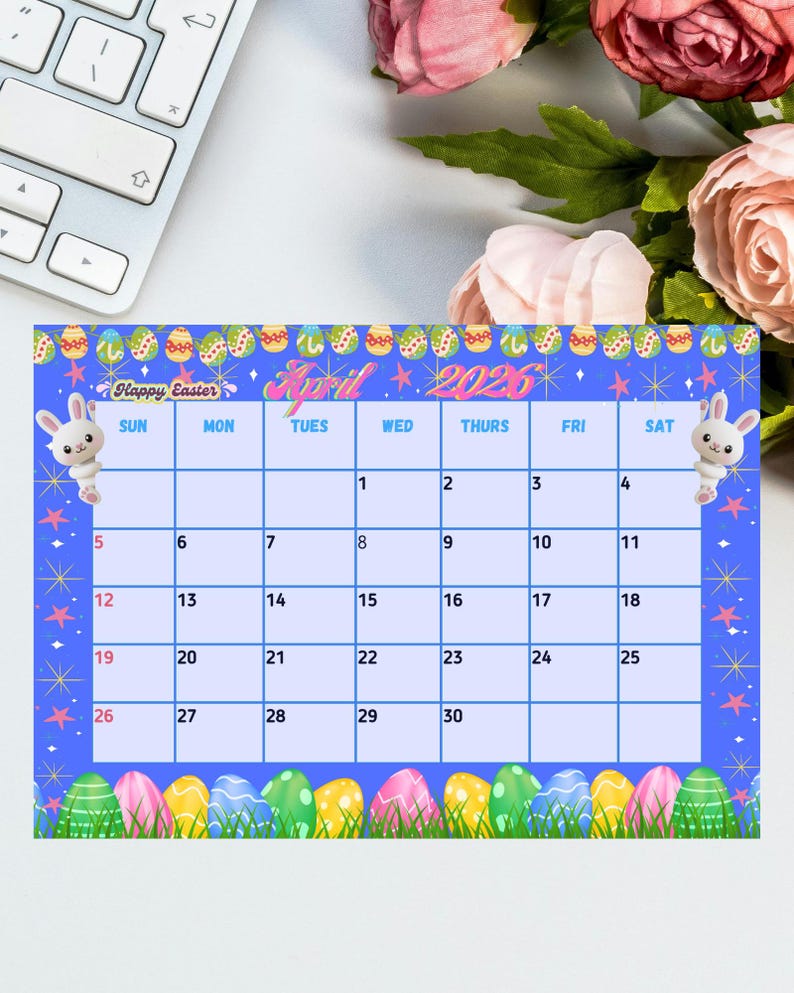 April 2026 Printable/editable, Calendar : Easter Bunny Design (digital ...
