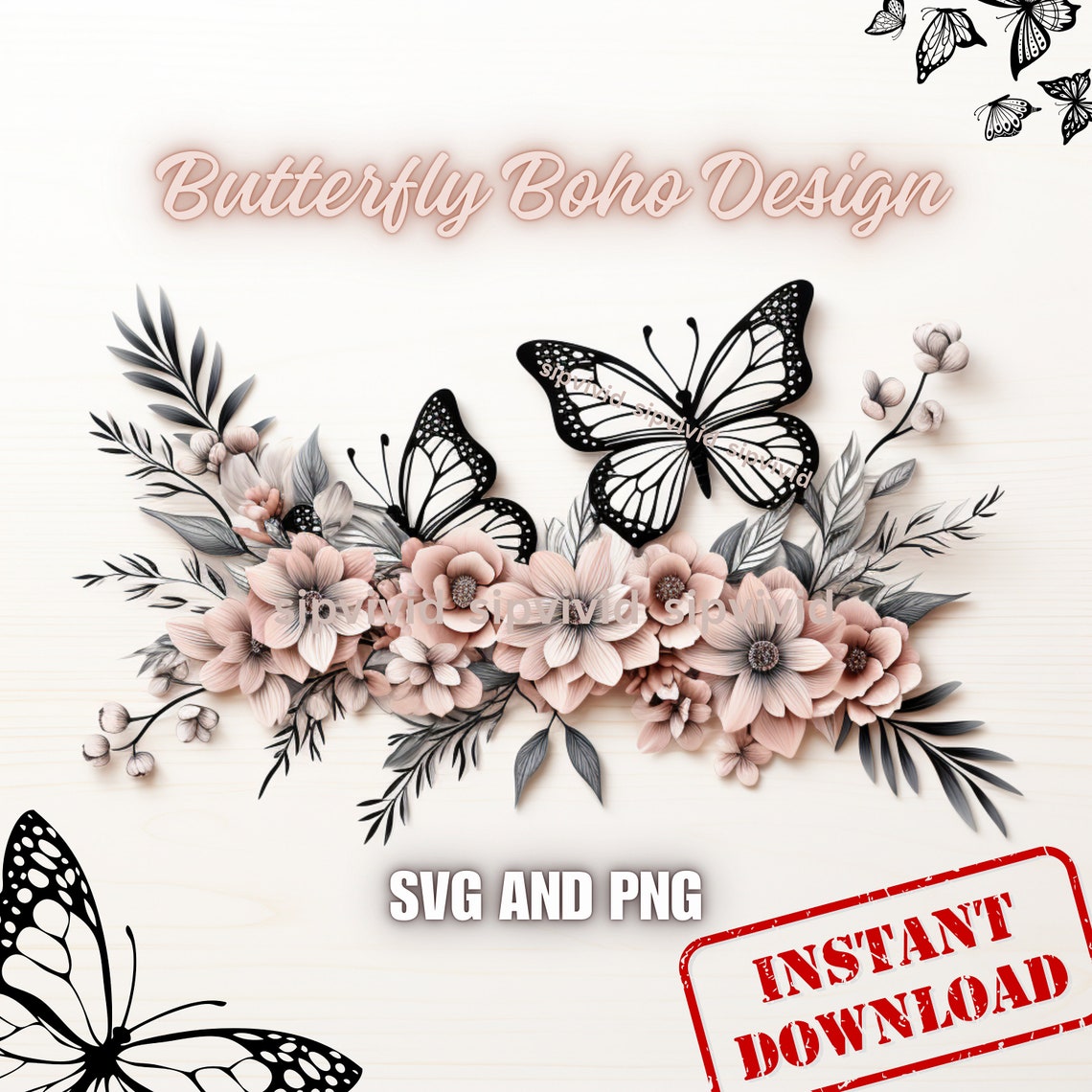 Laser Cut File Clipart Image Butterfly Boho Flowers SVG Cut File Boho ...