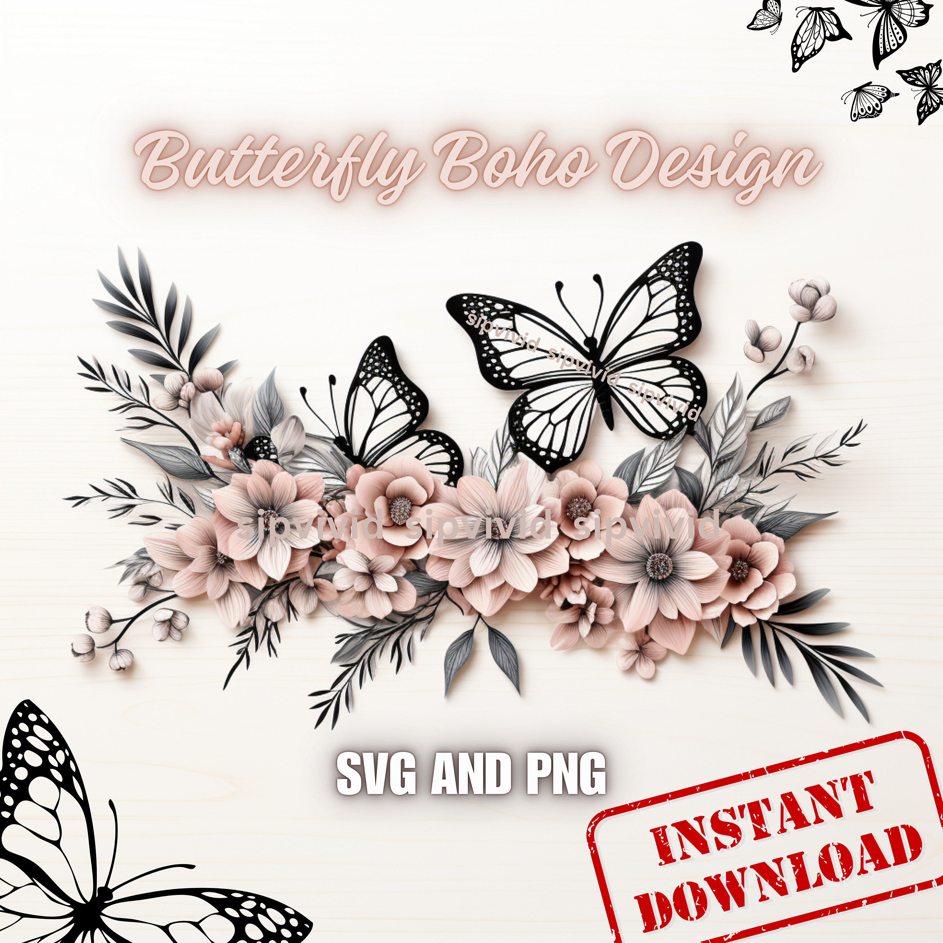 Laser Cut File Clipart Image Butterfly Boho Flowers SVG Cut File Boho ...