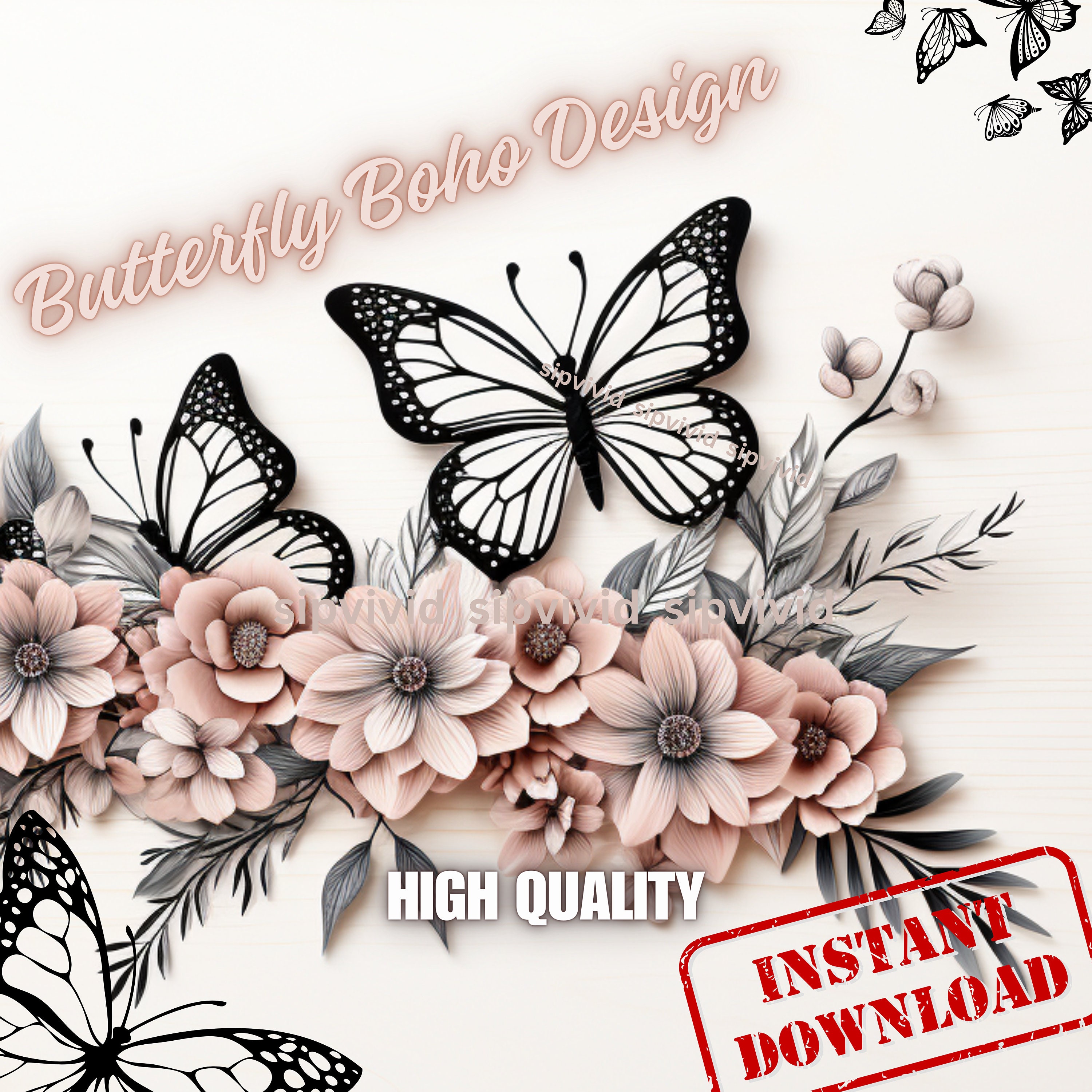 Laser Cut File Clipart Image Butterfly Boho Flowers SVG Cut File Boho ...