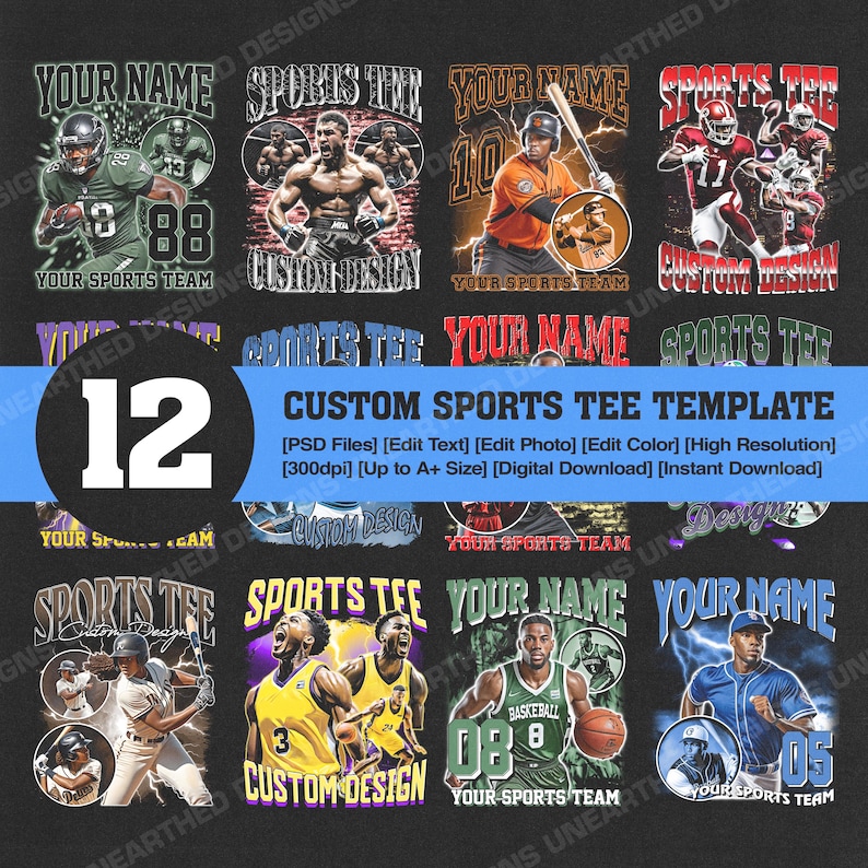 12 Editable Sports Tee PSD Template, Basketball Tee Template, Custom ...