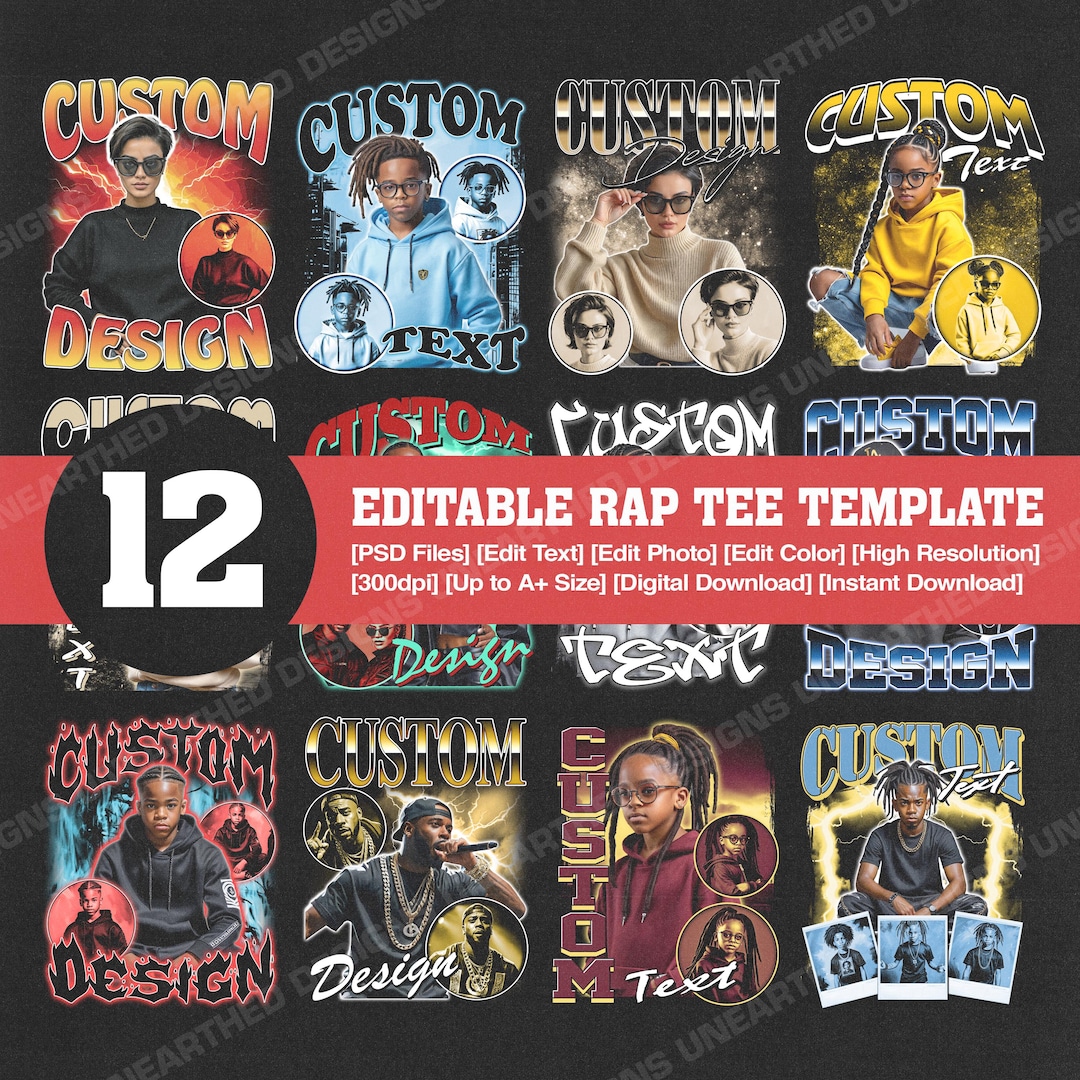 12 Editable Rap Bootleg PSD Template, Custom Rap Tee Template, Custom ...