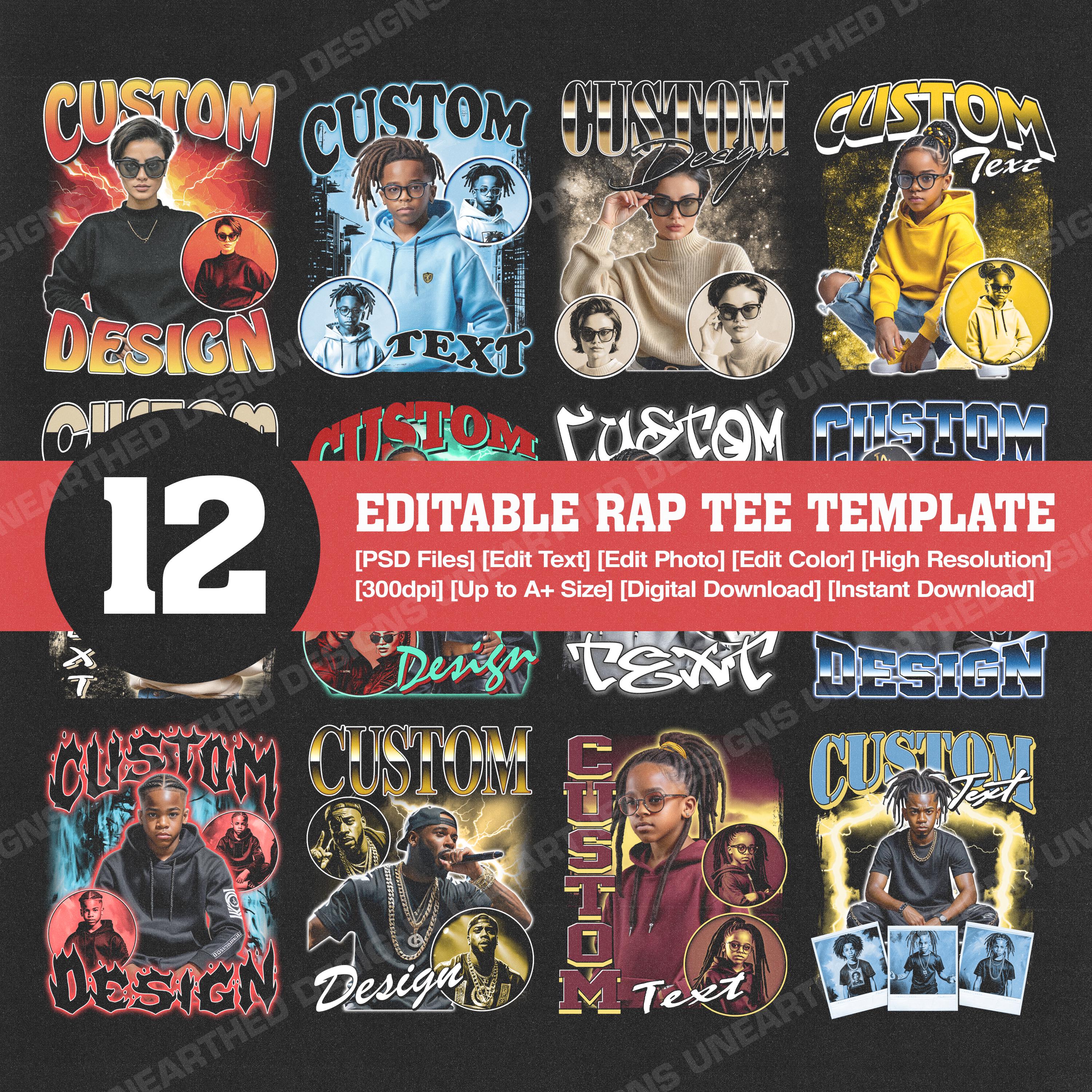 12 Editable Rap Bootleg PSD Template, Custom Rap Tee Template, Custom ...