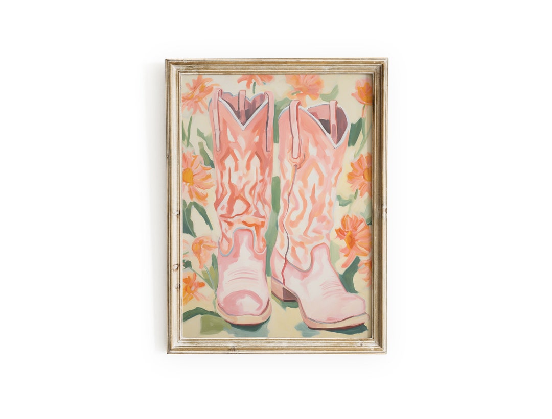 Preppy Pink Floral Cowboy Boot Print Cute Coastal Pink - Etsy