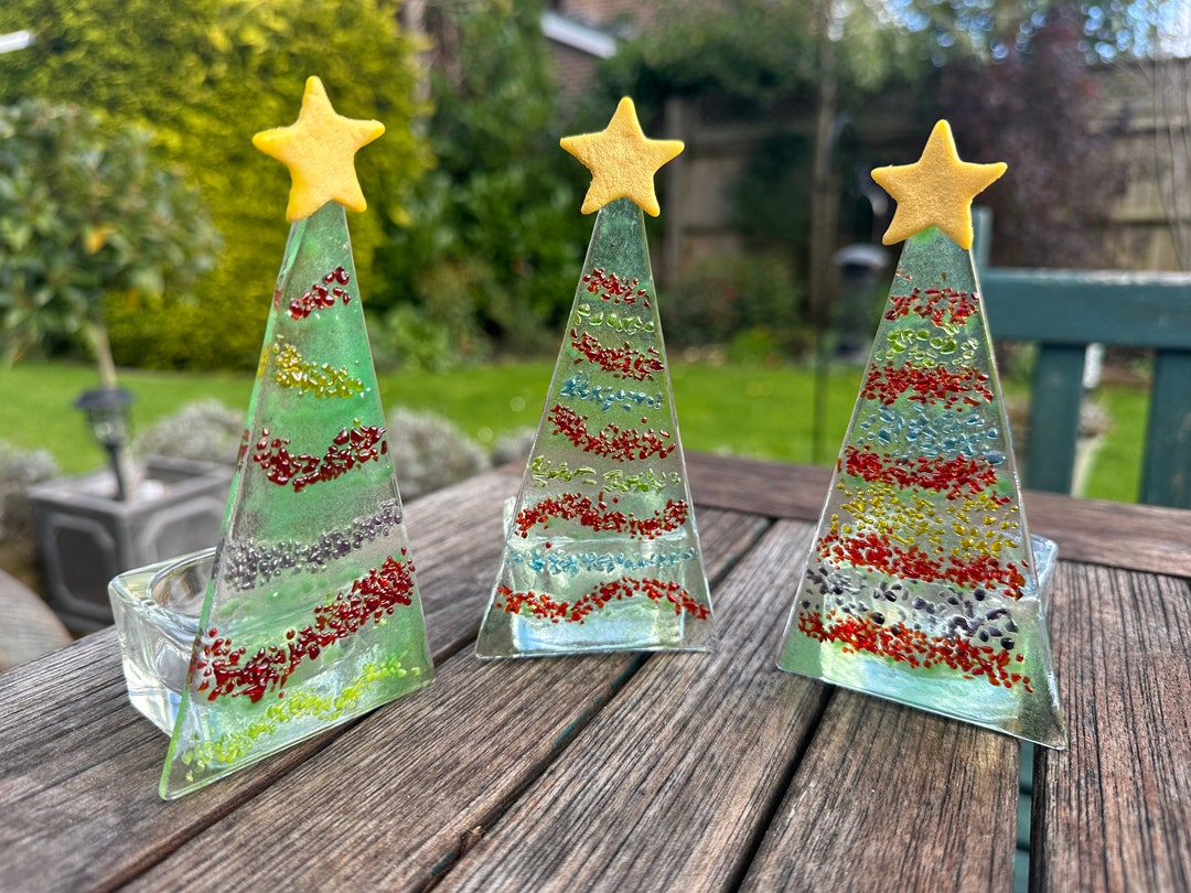 Set of 3 - Colourful Christmas Tree Tea Light Holders / Fused Glass - Etsy