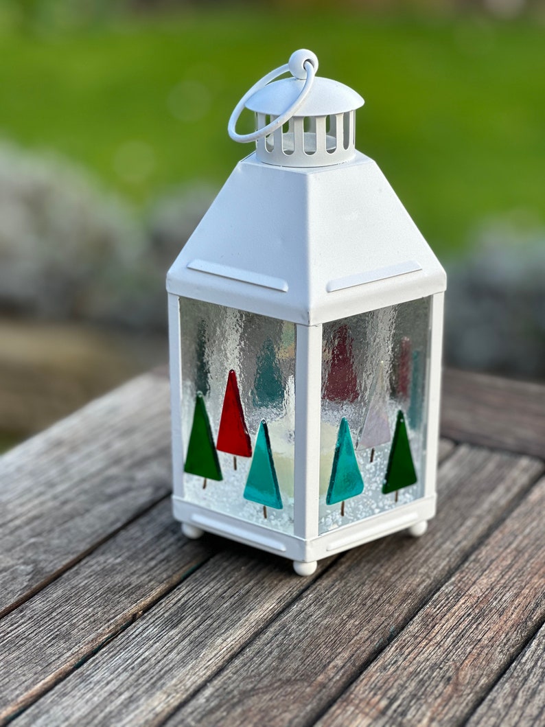 Colourful Festive Pine Tree Tea Light Lantern / Fused Glass - Etsy