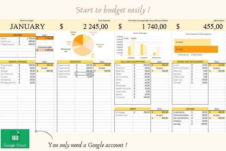 Daily Excel to Follow Your Monthly Budget (dollar) - Google Sheet - Etsy
