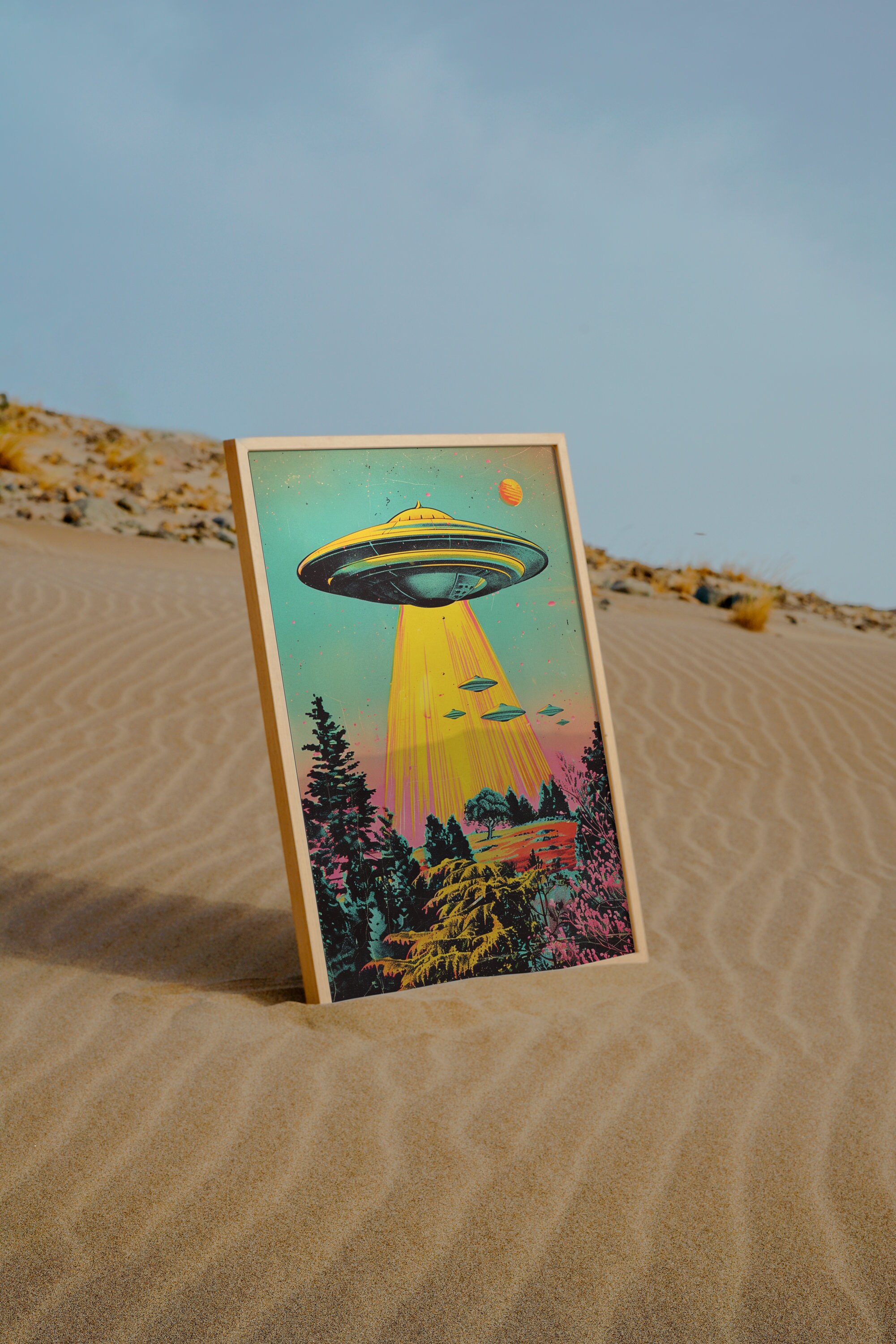 Vintage UFO Wall Art Retro Illustration Flying Saucer Print Blue Yellow ...