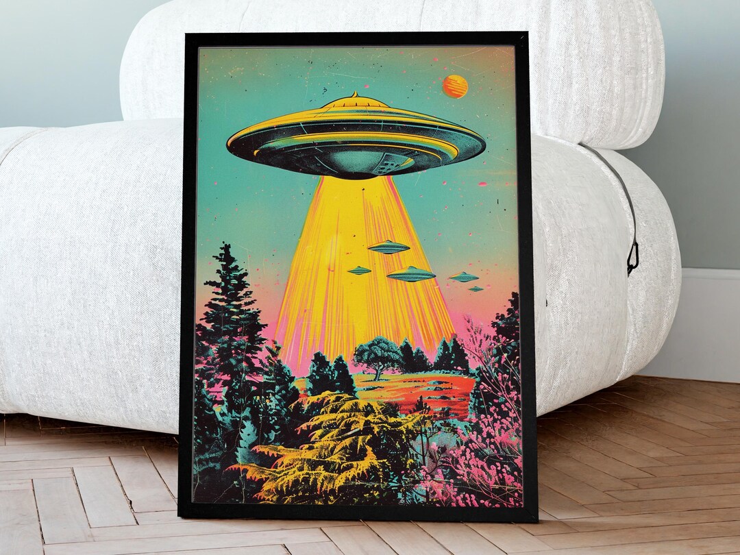 Vintage UFO Wall Art, Retro Flying Saucer Print, Blue Yellow ...