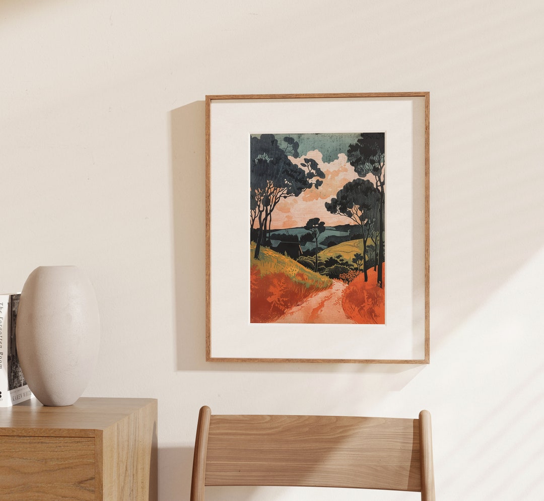 Traditional Woodblock Landscape Wall Art, Woodland Countryside Scene ...