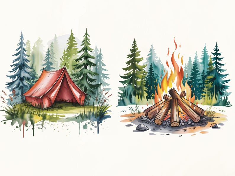 Watercolor Camping Clipart Set | Nature Adventure PNG (digital Download ...