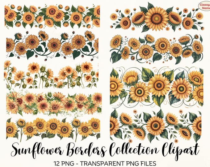 Watercolor Sunflower Borders 14 Png Clipart Bundle, DIY Floral Graphic ...