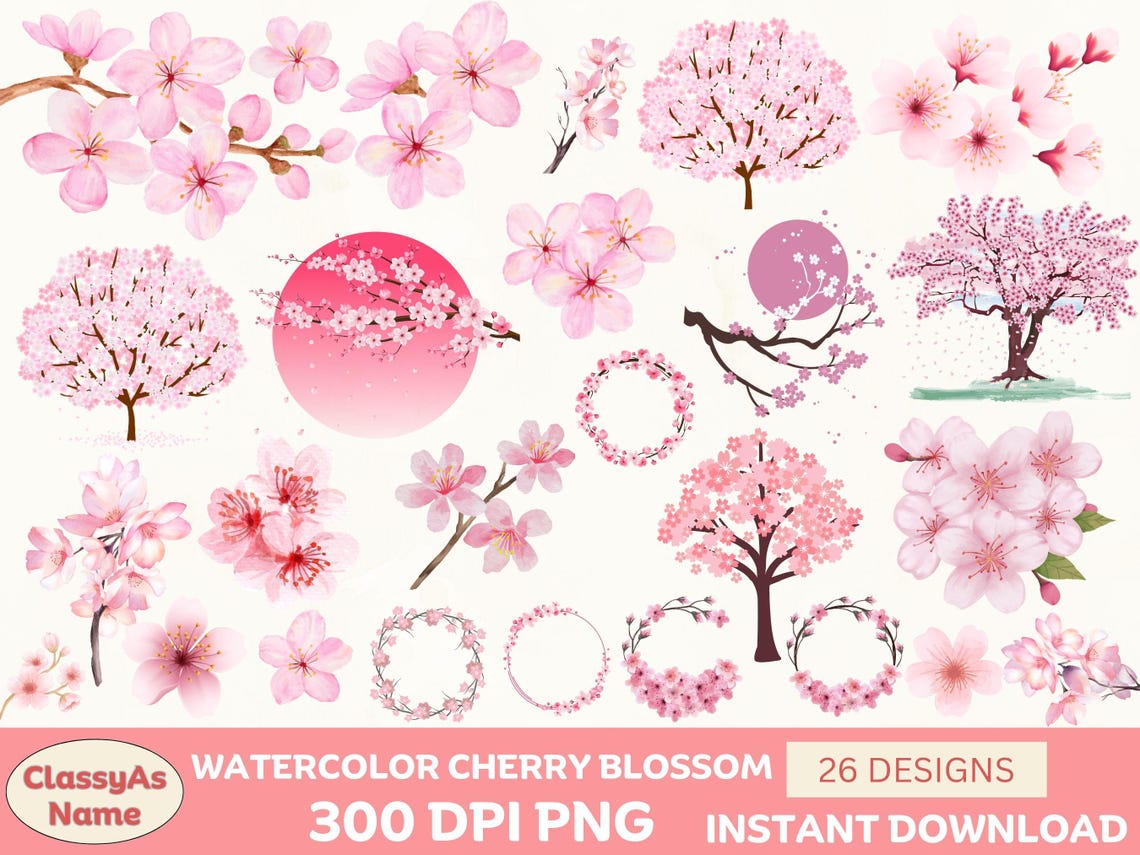 Cherry Blossom PNG Bundle: Pink Floral Clipart (PDF Download - Etsy