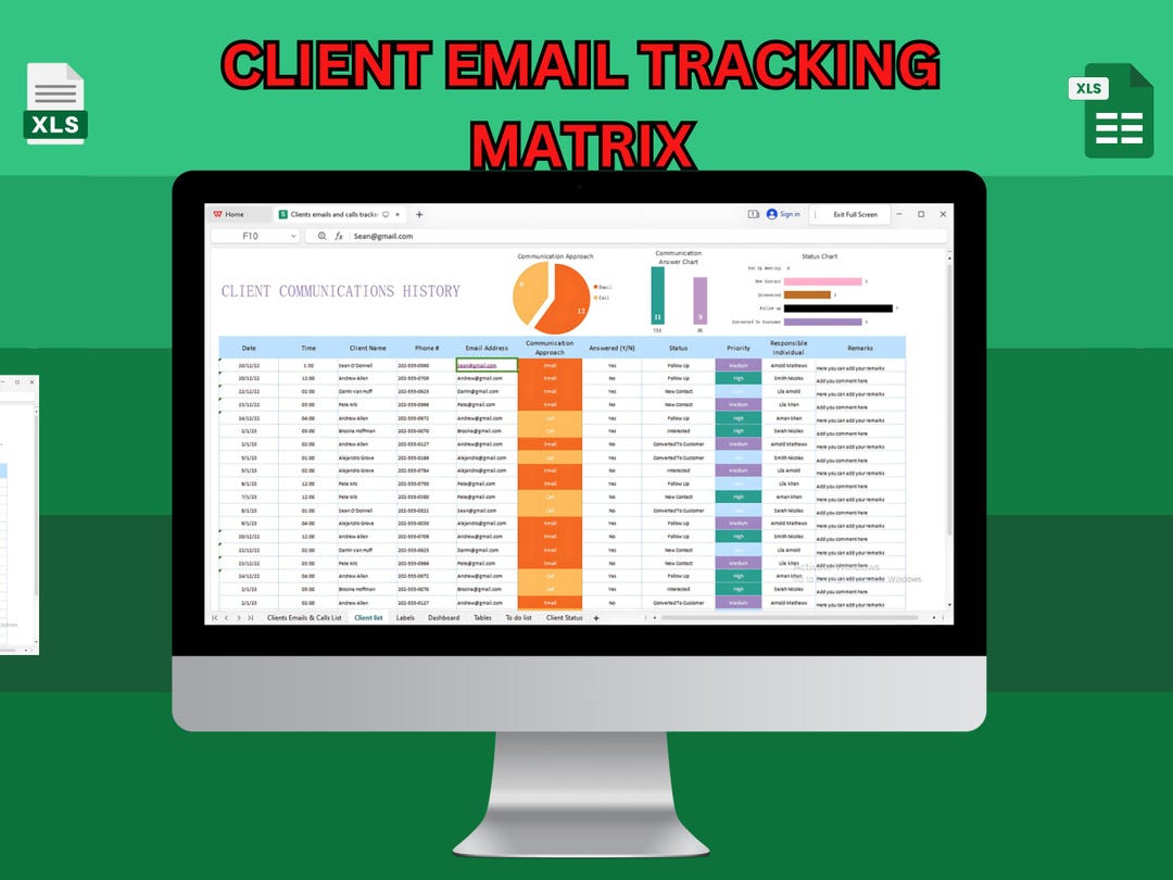 Client Email Tracking Matrix, Client Call Log, CRM Spreadsheet, Client ...