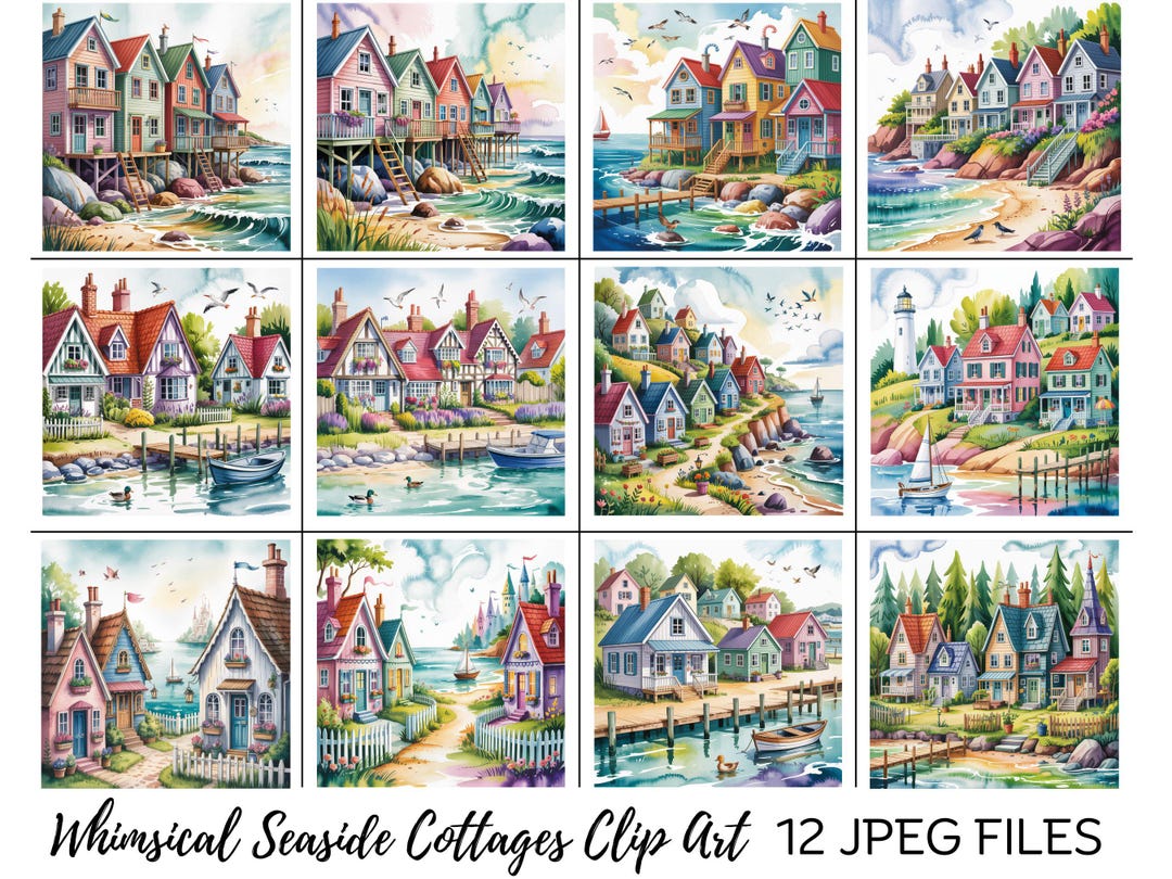 Whimsical Seaside Cottage Clip Art: Coastal Illustration Set (instant ...