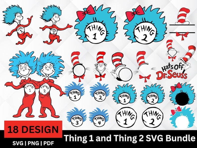 Thing 1 and Thing 2 SVG Bundle, Dr Seuss Inspired Cut Files, PNG ...