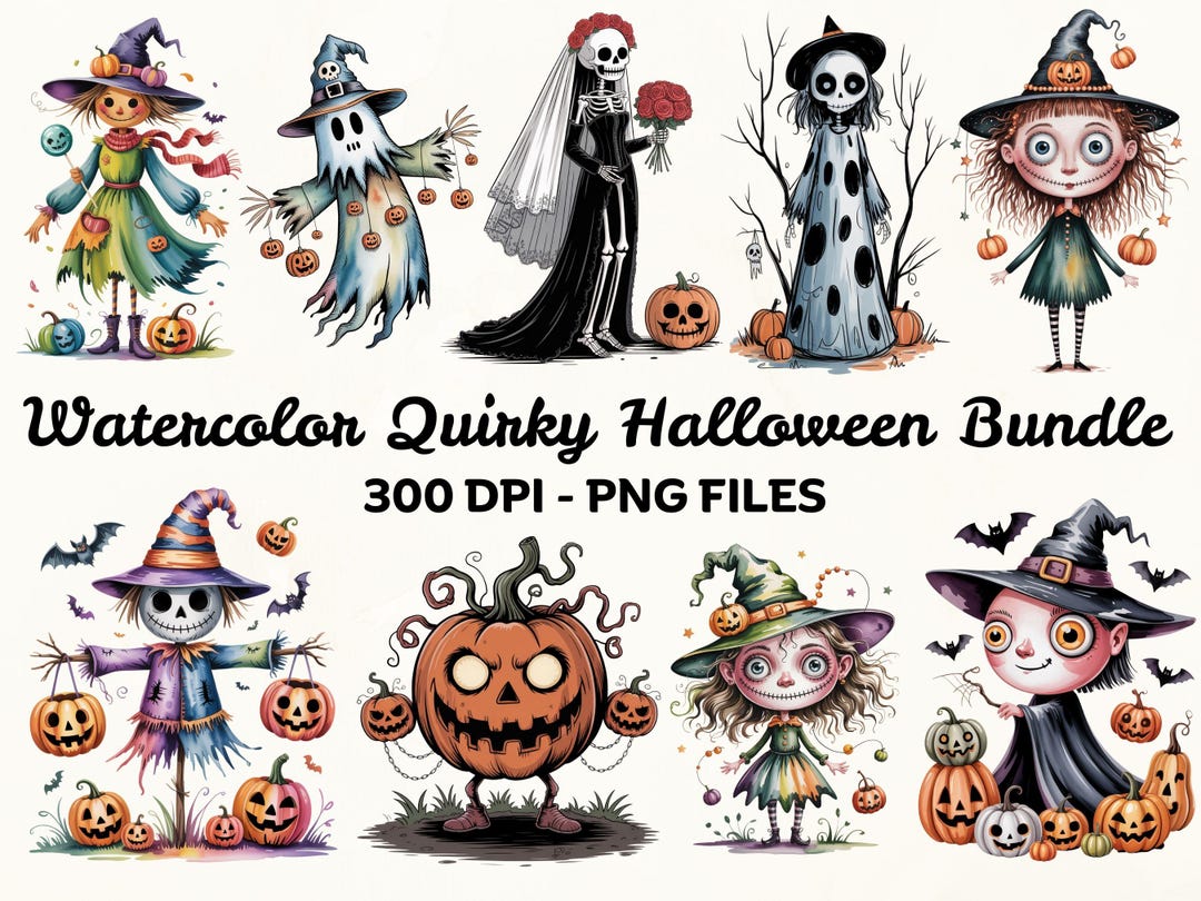 Watercolor Halloween PNG Bundle: Quirky Spooky Clipart (digital ...