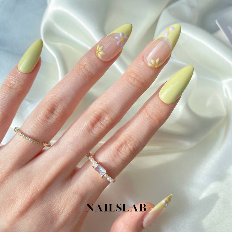 BUY 2 GET 1 FREE Pastel Yellow Spring Floral Press on Nails, Floral ...