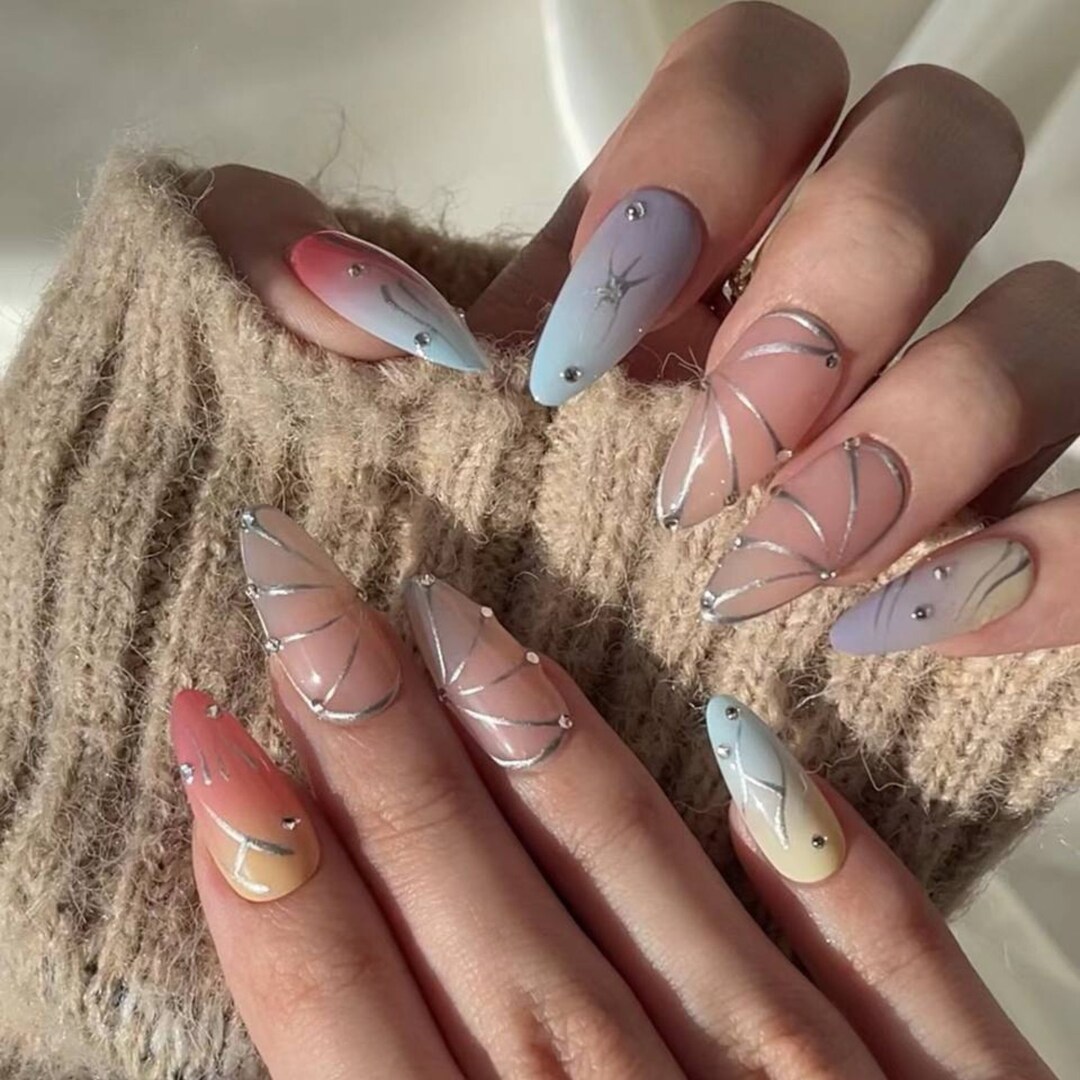 Rainbow Gradient Press on Nails, Handpainted Reusable False Nails ...