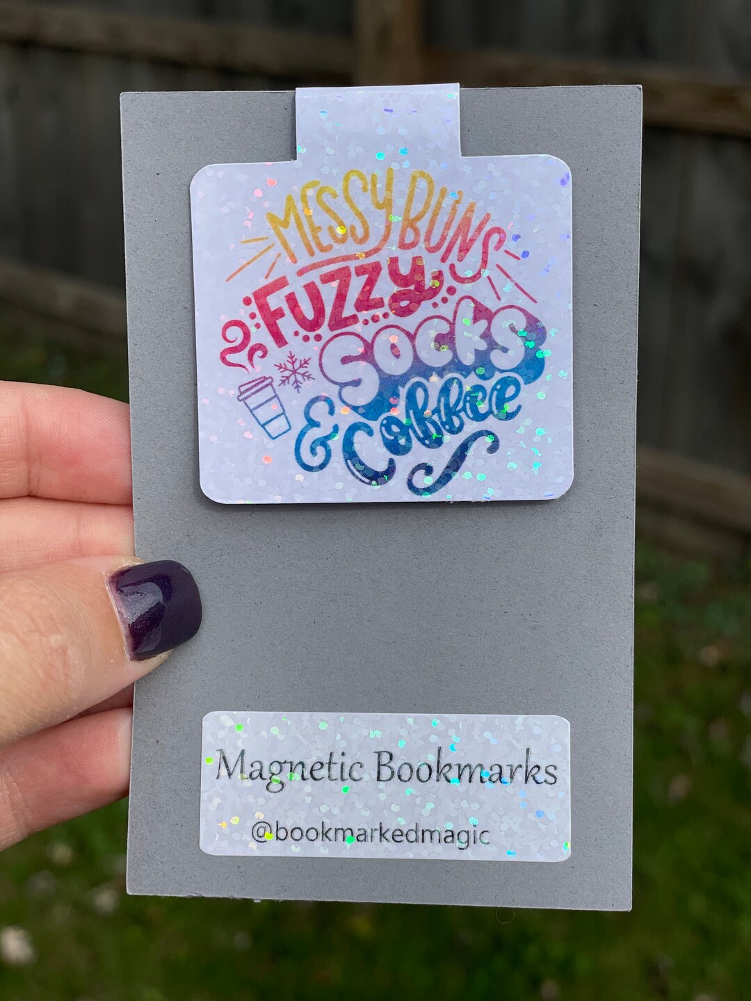 Messy Bun Fuzzy Socks and Coffee Holographic Magnetic Bookmark Handmade ...