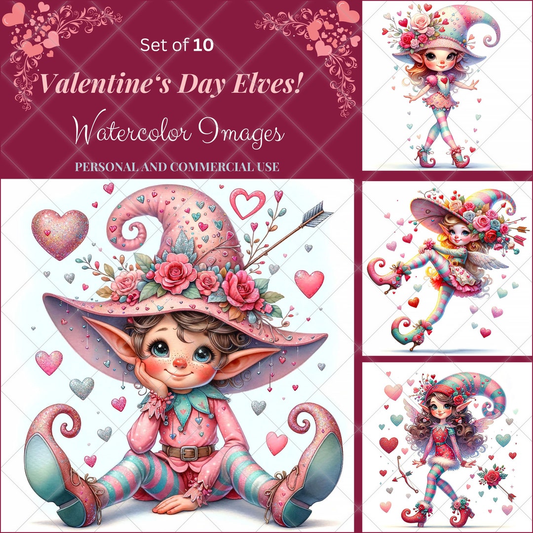 Valentine's Day Elves, Watercolor-style Images, High-quality Jpegs ...
