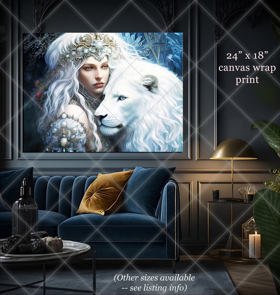 Ice Queen and Her White Lion, Fine-art, Canvas Wrap Print, Wall Decor, Wall Art, Fantasy ...