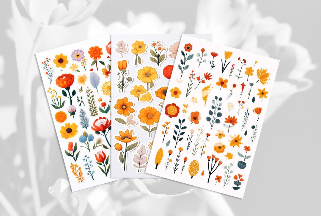 3 Flowers Sticker Sheets Printable Stickers Digital Download PNG Print ...