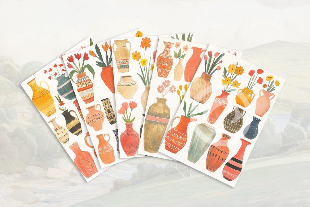 5 Flower Vases Sticker Sheets | Printable | Digital Download PNG ...