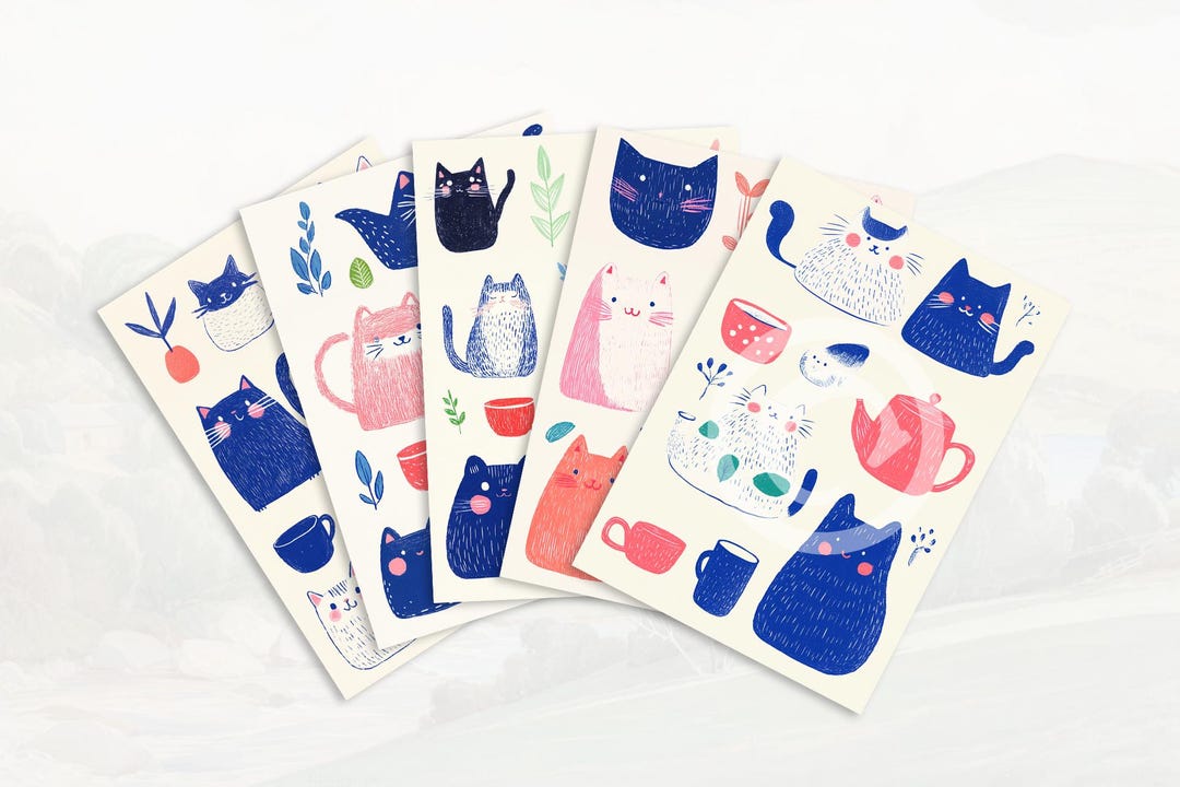 5 Cat Sticker Sheets | Printable | Digital Download PNG | Print and Cut ...