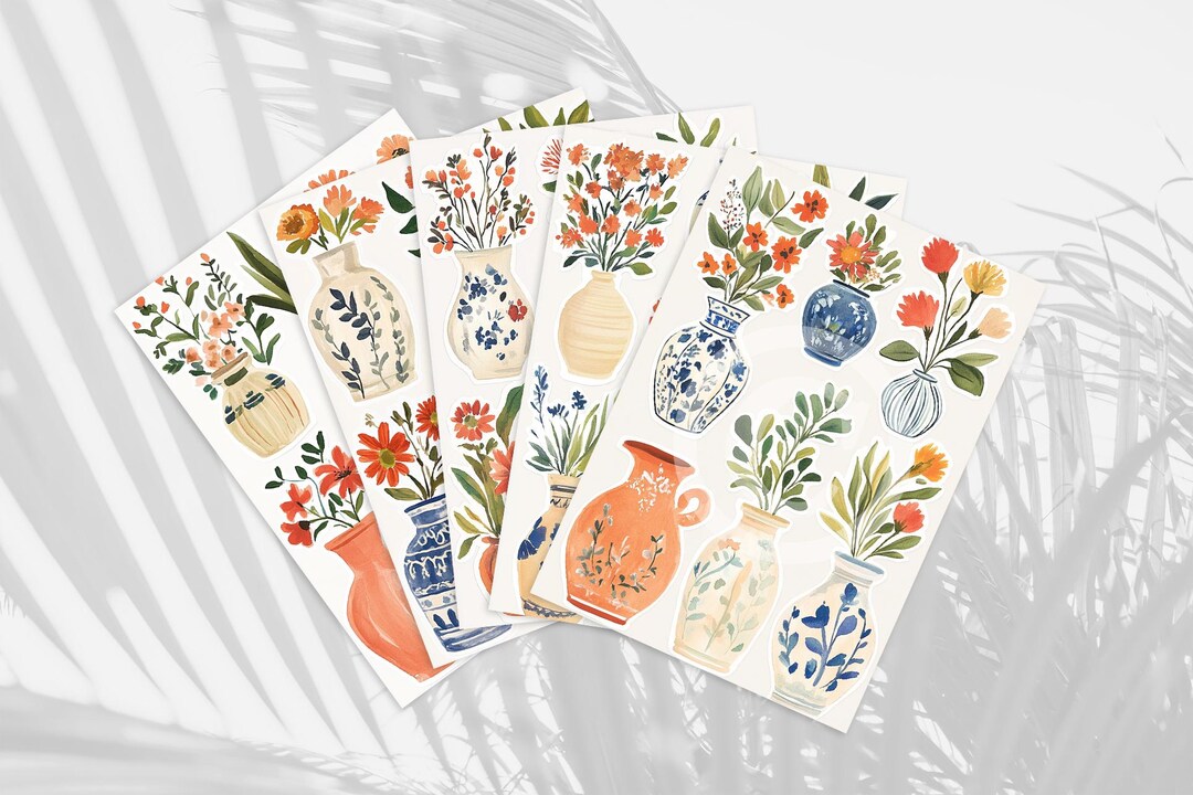 5 Flower Vases Sticker Sheets | Printable | Digital Download PNG ...
