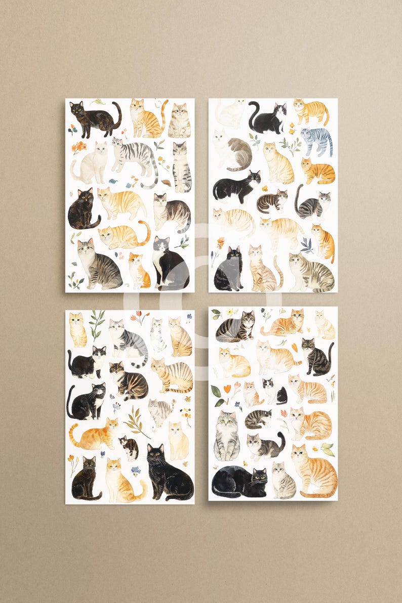 5 Cat Sticker Sheets | Printable | Digital Download PNG | Print and Cut ...
