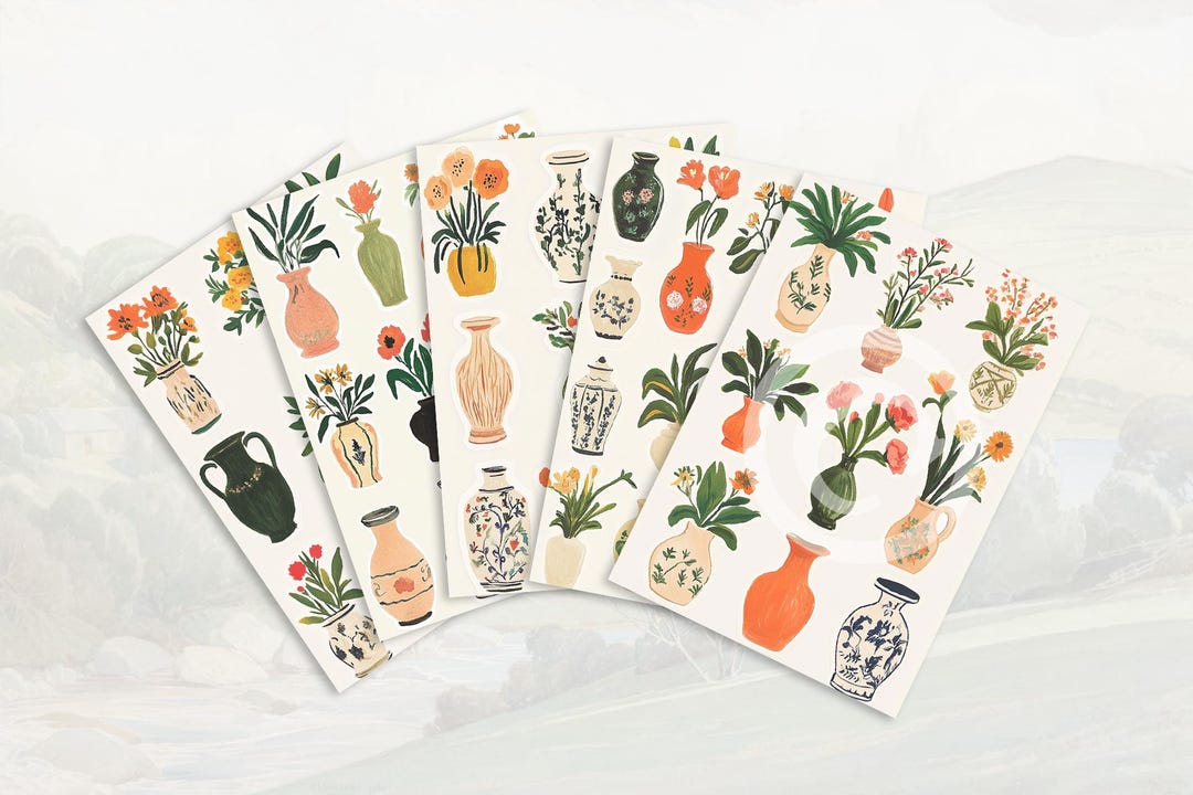 5 Flower Vases Sticker Sheets | Printable | Digital Download PNG ...