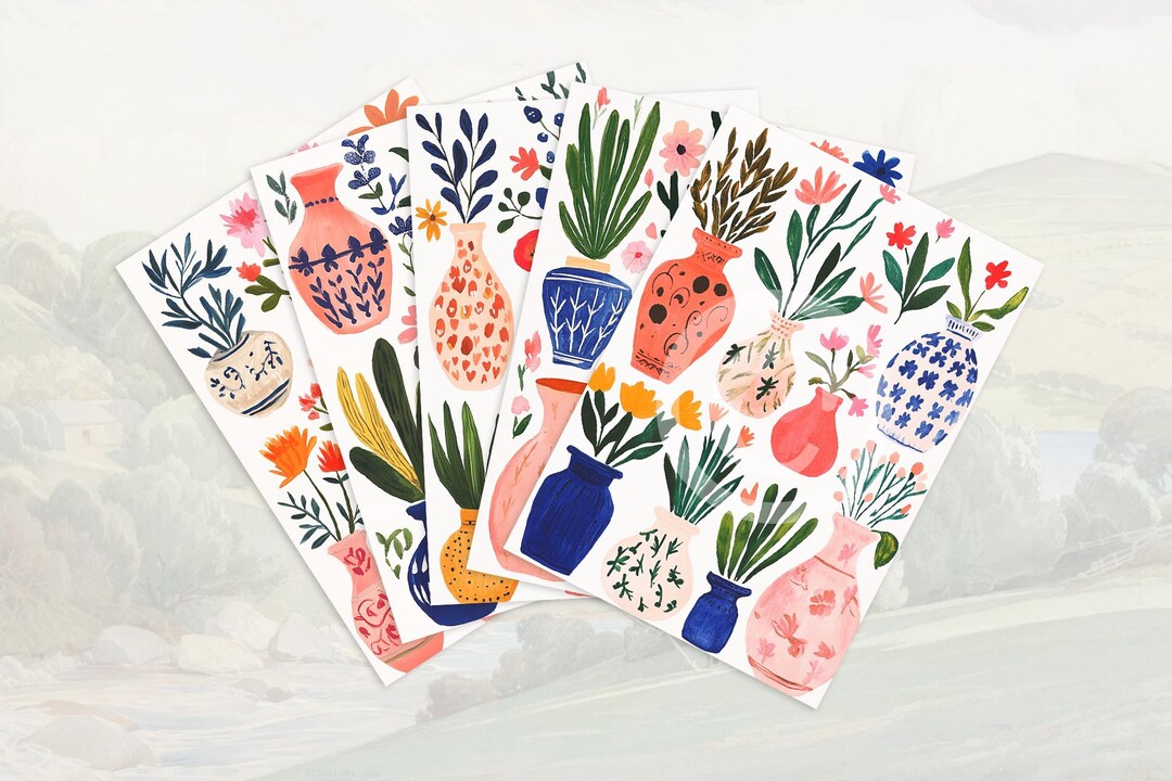 5 Flower Vases Sticker Sheets | Printable | Digital Download PNG ...