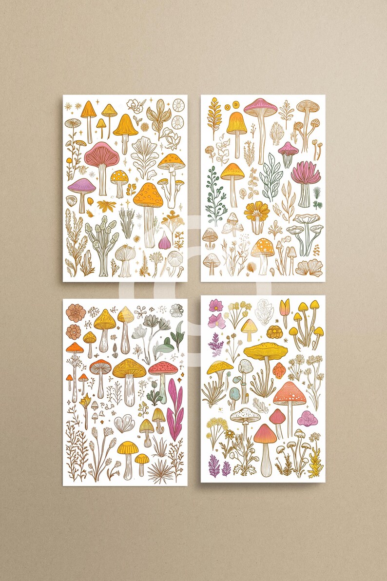 5 Mushroom Sticker Sheets | Printable | Digital Download PNG | Print ...
