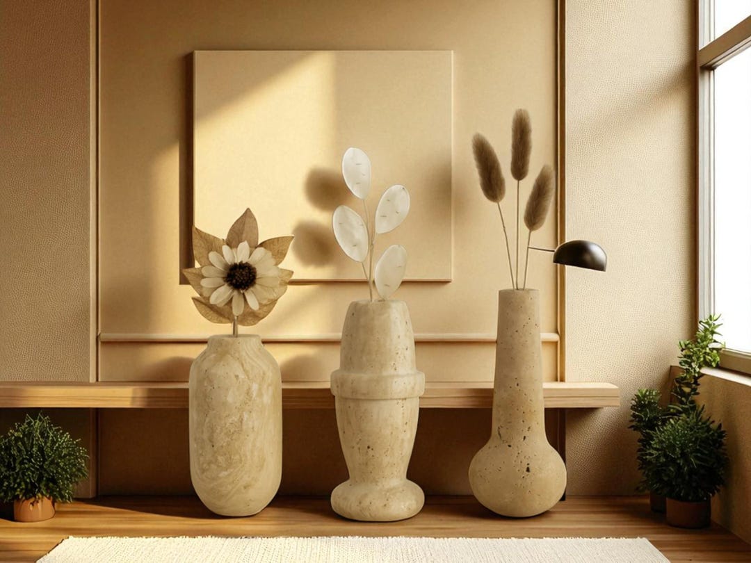 Set of 3 Handmade Travertine Vases – Sculptural Stone Decor – Natural ...