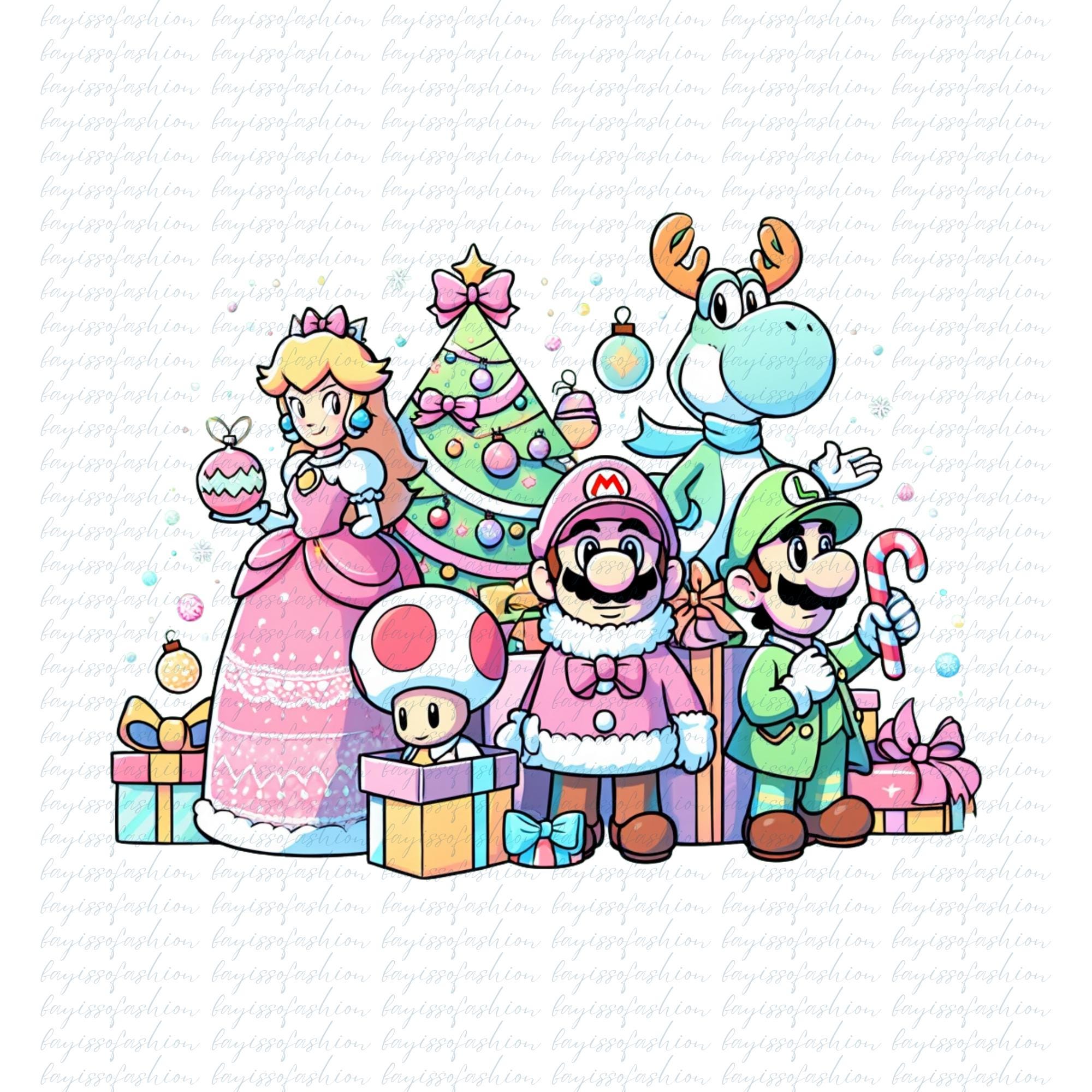 Kawaii Mario Christmas SVG PNG , Pastel Peach Luigi Yoshi Toad Clipart ...