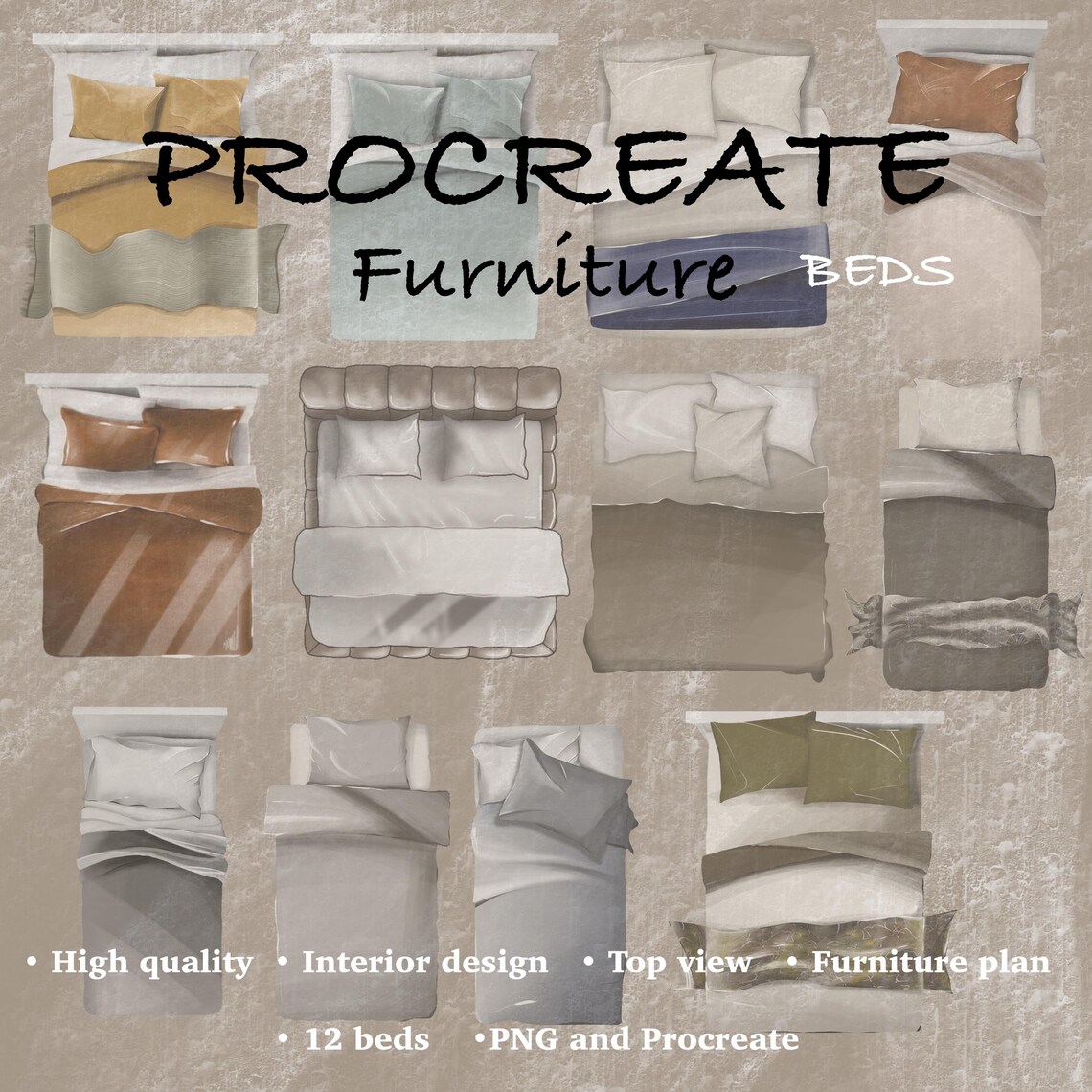 Procreate Sets, Procreate Bed Furniture, Interior Blocks, Interior ...