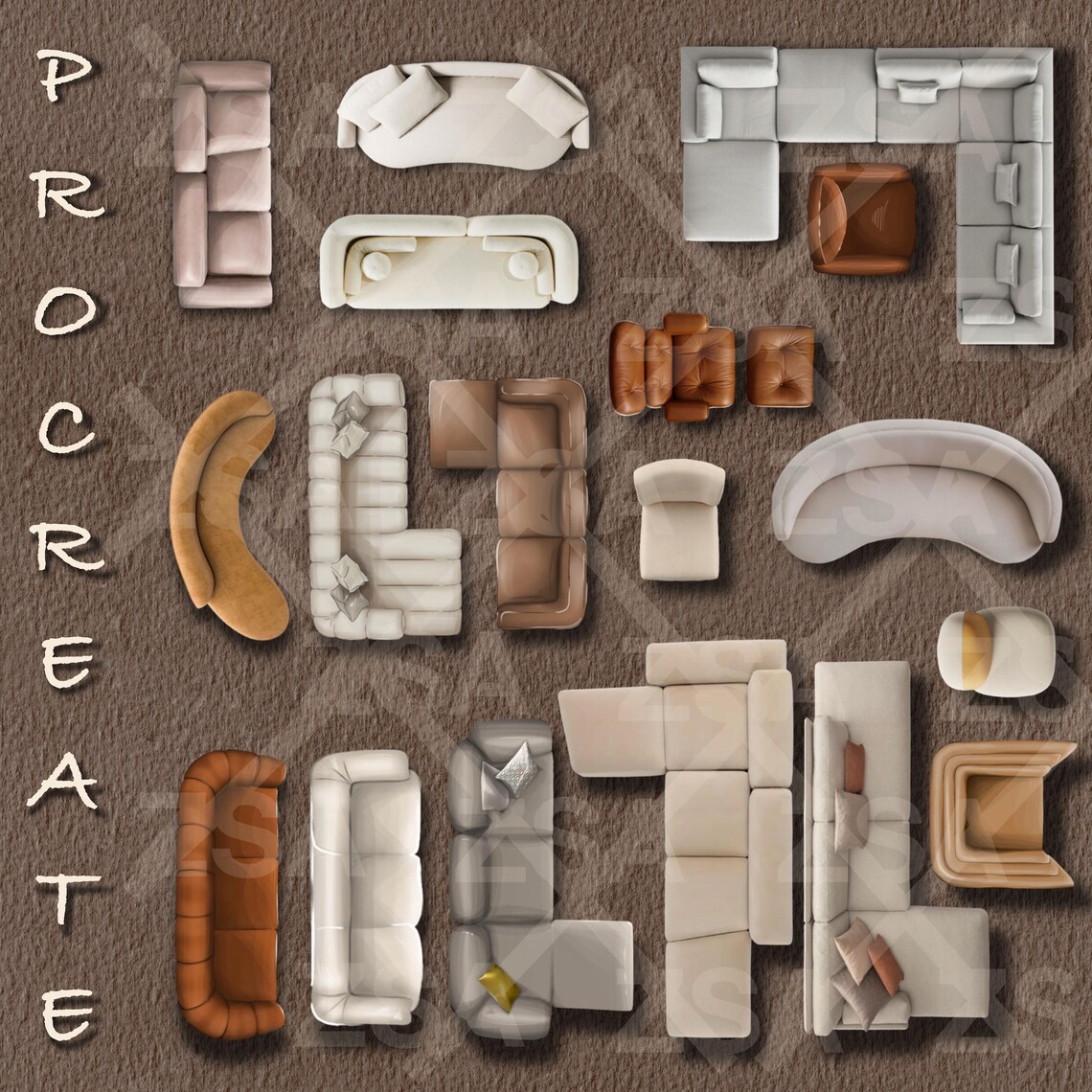 Procreate Furniture Set: Top View Interior Pack (PNG, PSD, Procreate ...